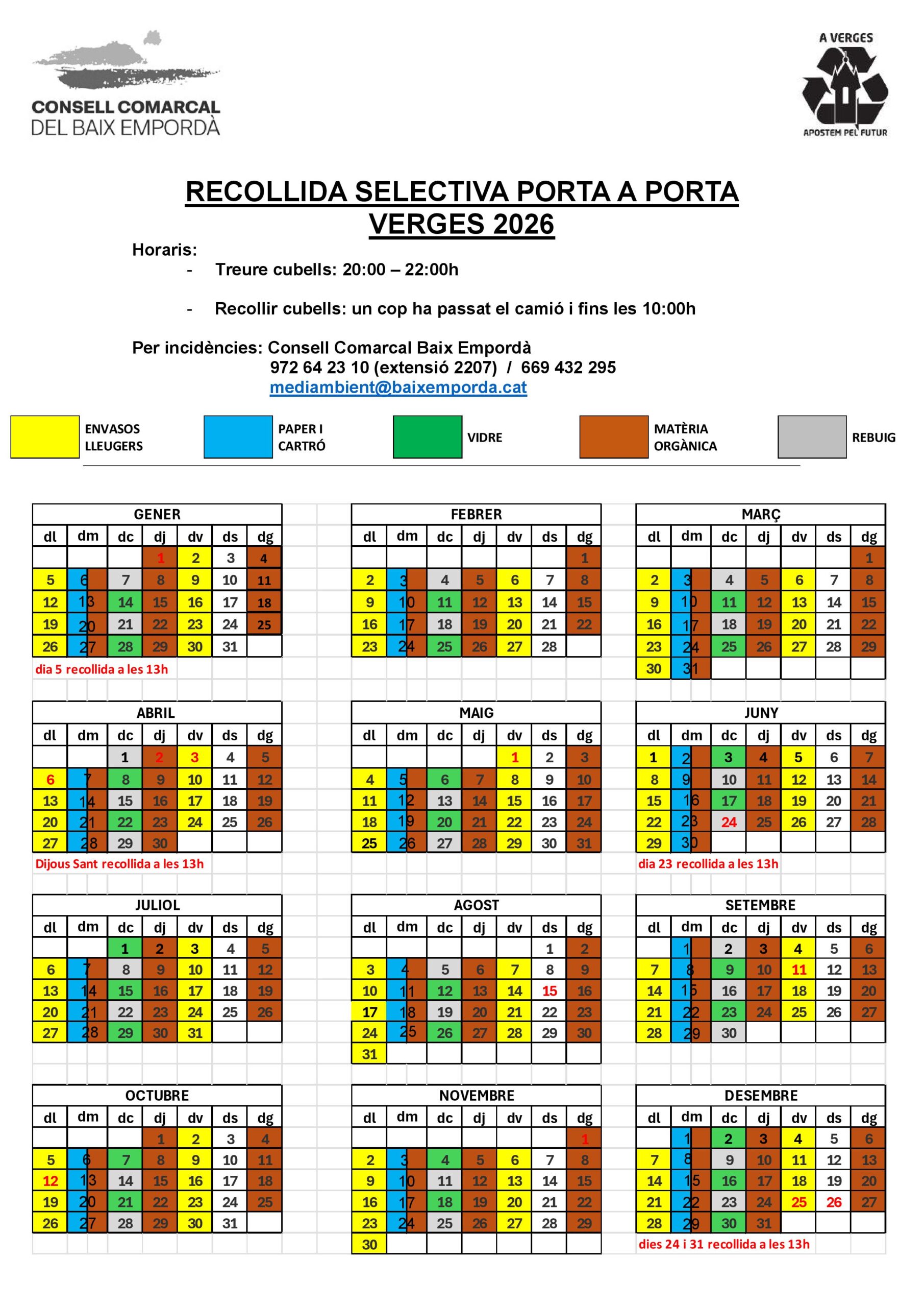 Calendari Porta a Porta 2026 - Web Oficial de l'Ajuntament de Verges