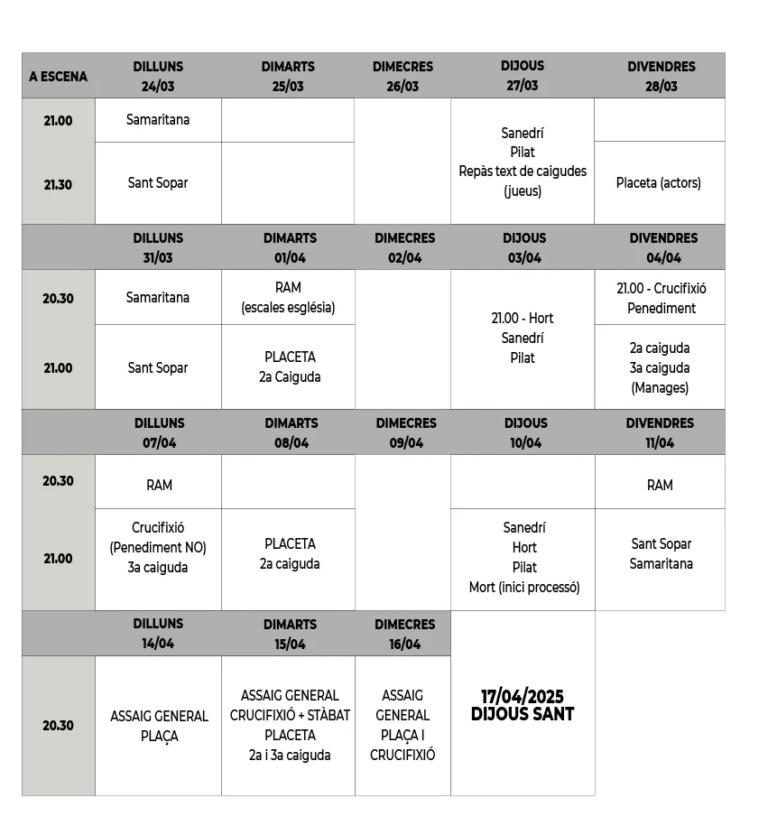 Quadre d'assajos de La Processó de Verges 2025 - Web Oficial de l ...